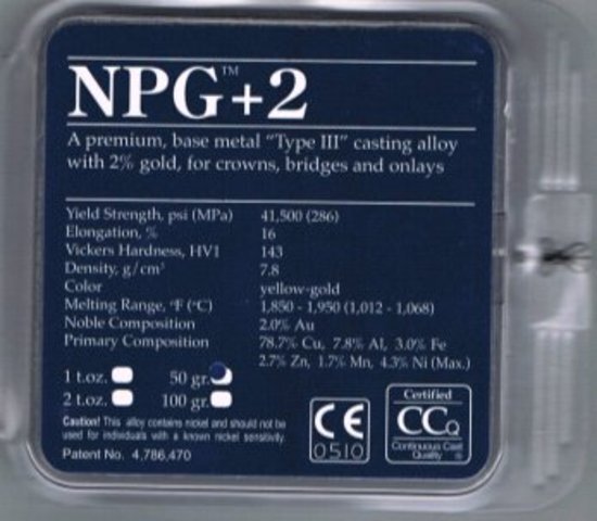 NPG + 2, Aleación Cobre Aluminio, 1 Onza :: Prodemdental